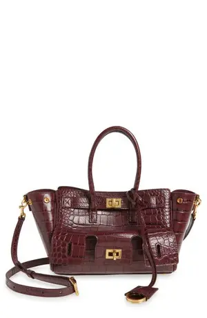 Balenciaga Mini Bel Air Croc Embossed Leather Tote - Dark Burgundy